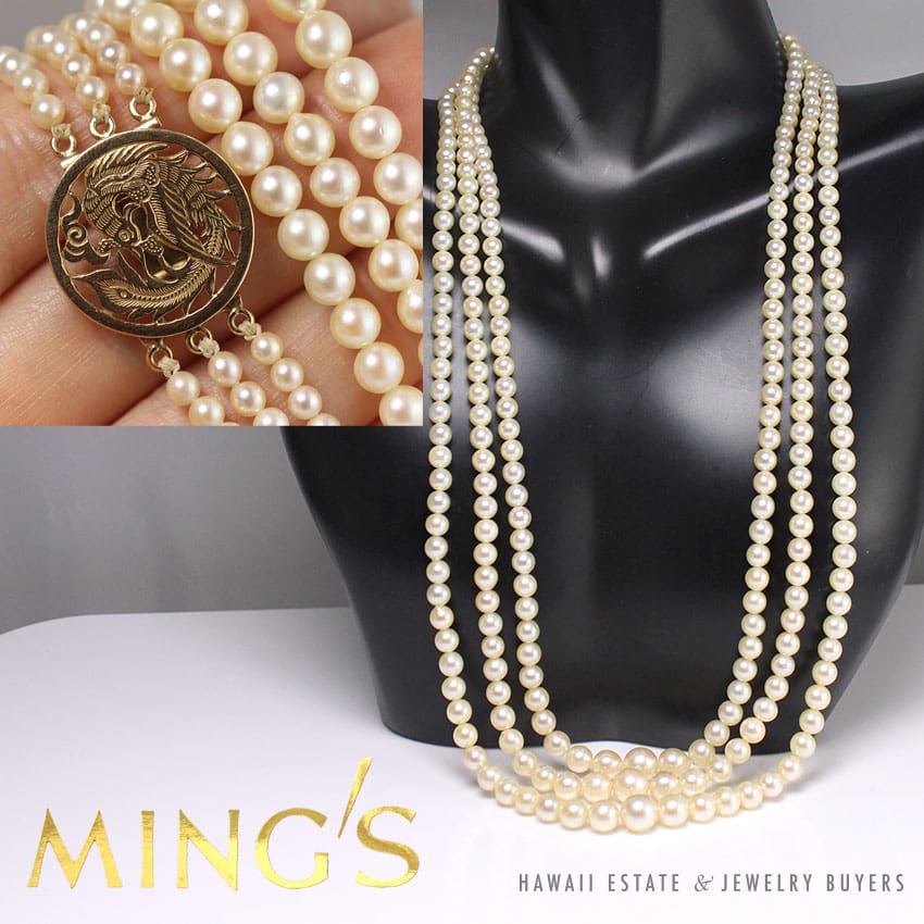 Rare Ming's Green Jade & 14K Yellow Gold Bead Necklace 30" - Hawaii ...