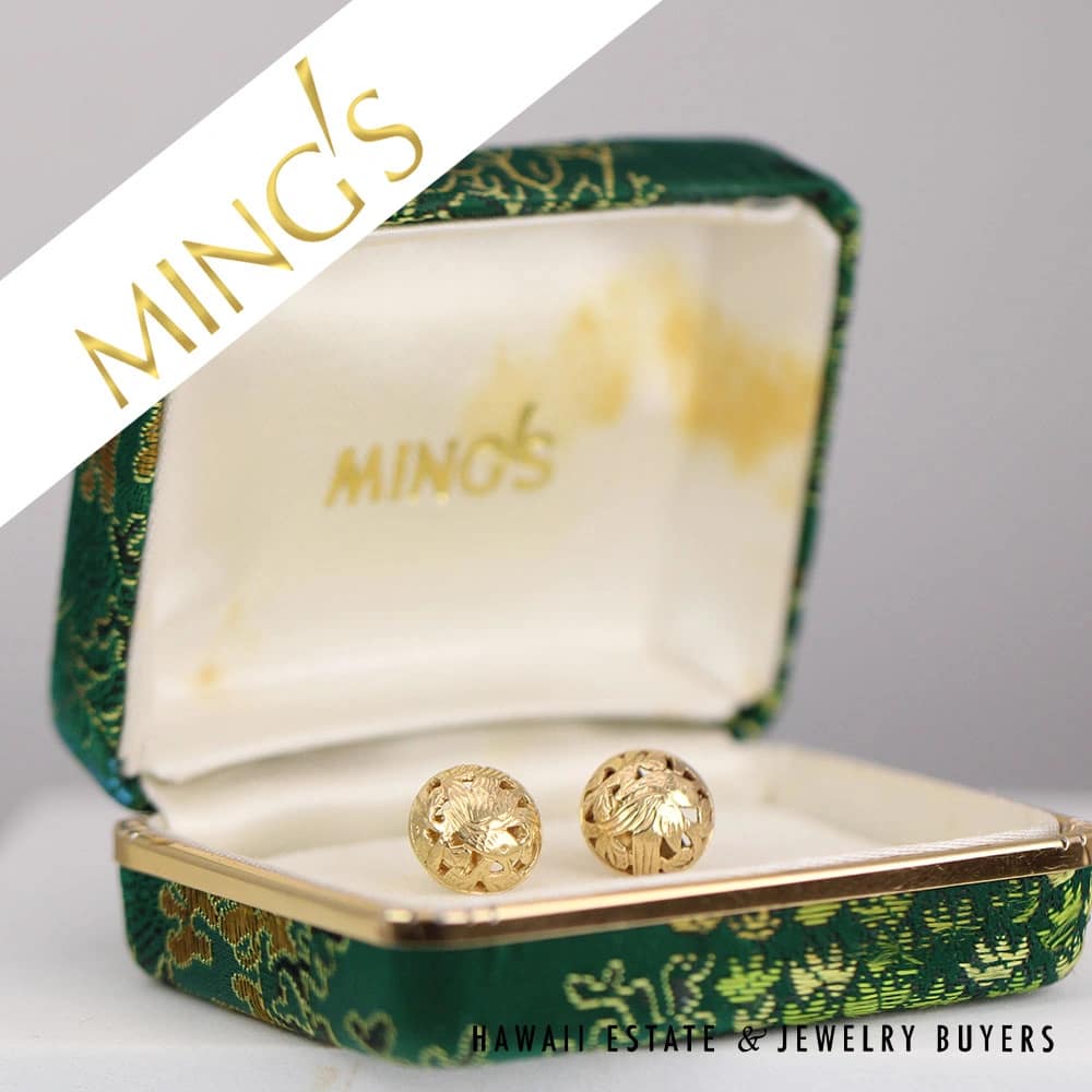 Ming's Bird in Plum 10mm Button Pierced 14k Yellow Gold Earrings with ...