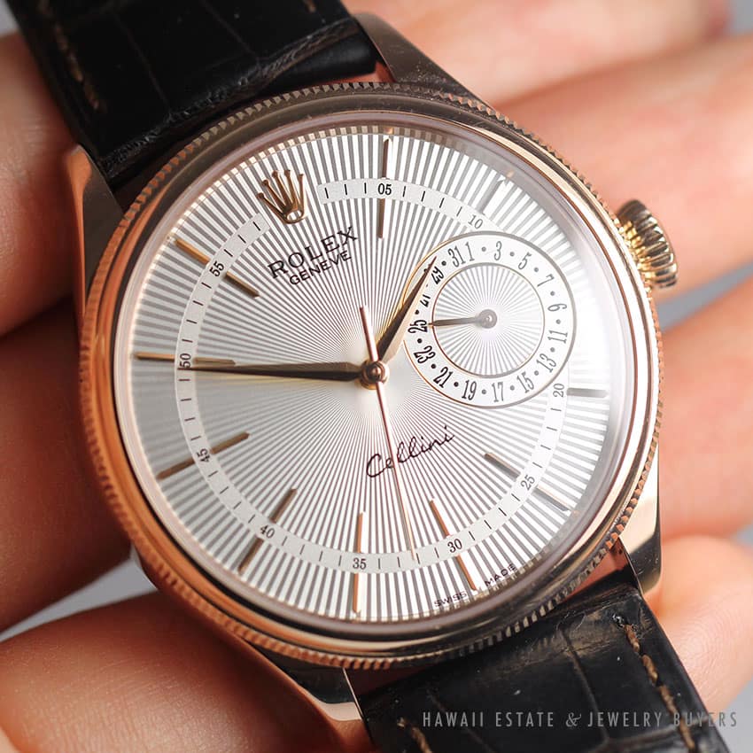 Rolex Cellini Dual Time 50519 18K Rose Gold Silver Guilloche Dial w ...